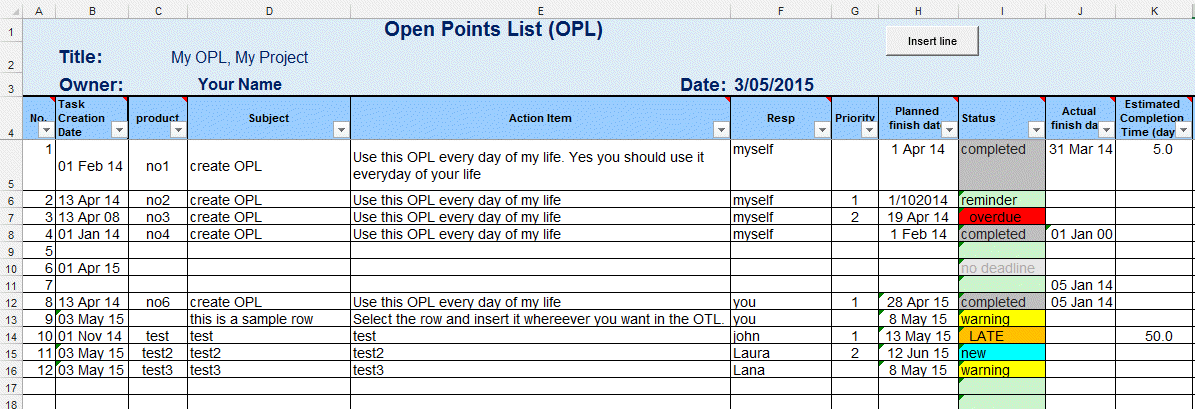 Project List Template Excel